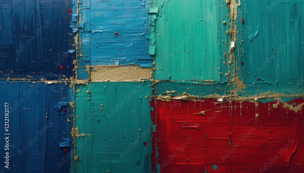 Bold shades of blue, green, and red collide on a textured surface ...