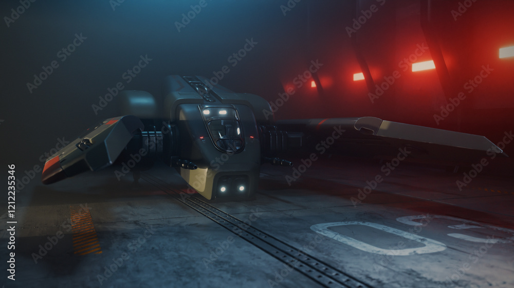 Ilustración de Stock Single-pilot spaceship stands on the concrete ...