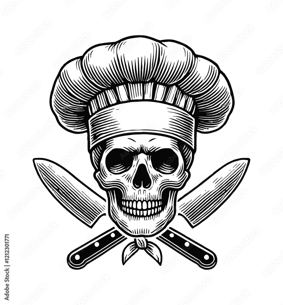 skull chef hat engraving black and white outline Stock Vector | Adobe Stock
