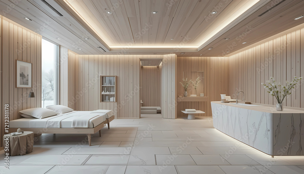 Scandinavian Spa: "A Nordic-inspired spa with clean lines, light wood ...