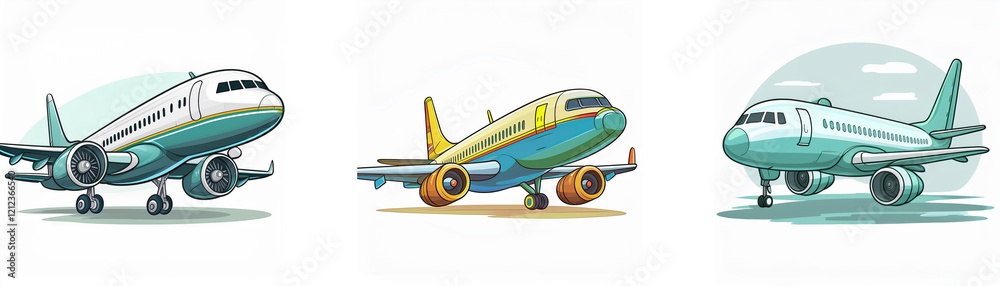 Three cartoon airplanes, each a different color scheme, are shown on a ...
