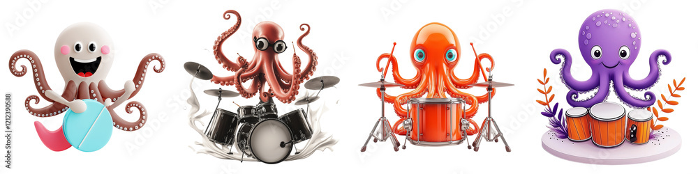 cute cartoon and clipart concept. Four colorful octopuses playing ...