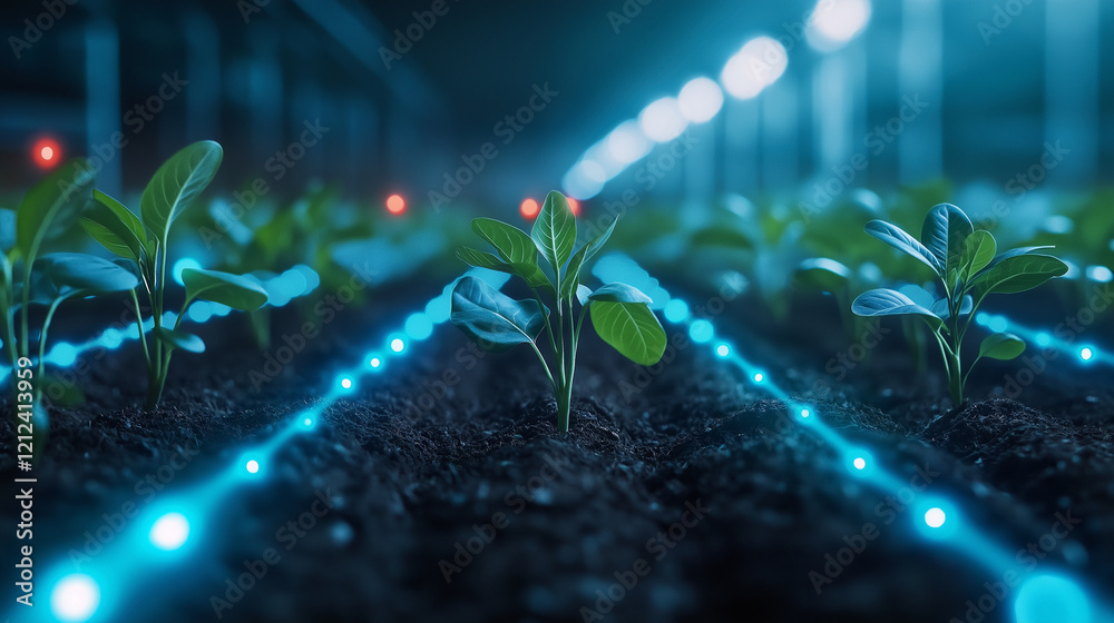 Ilustración de Stock Rows of glowing plants with translucent leaves ...