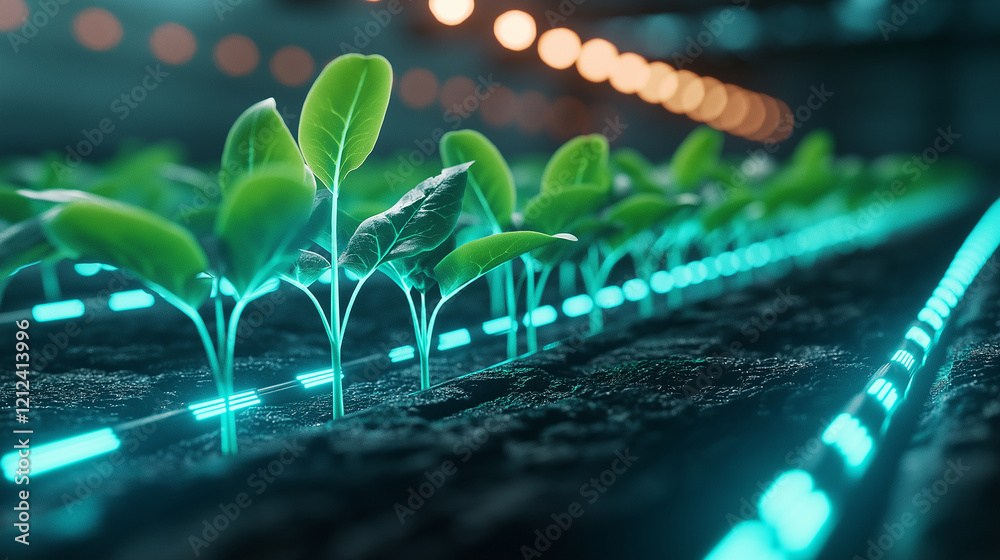 Rows of glowing plants with translucent leaves, their radiant colors ...