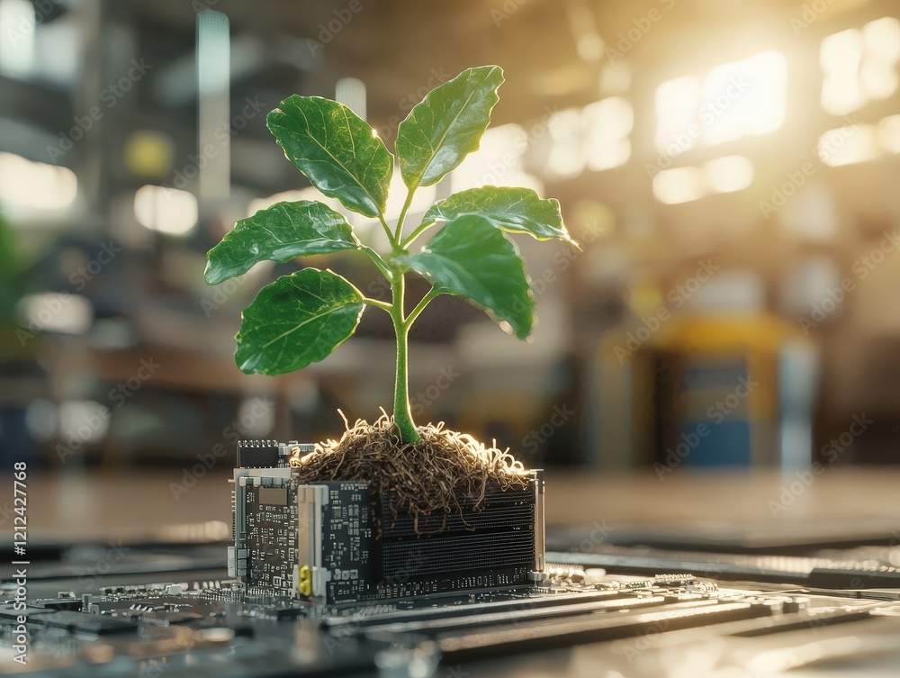 Plant Growing from Computer Circuit Board Symbolizing Technology and ...