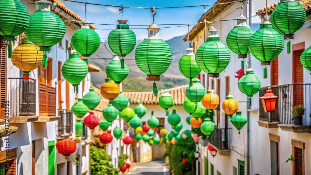 Colorful paper lanterns in white and green adorning the streets of a ...
