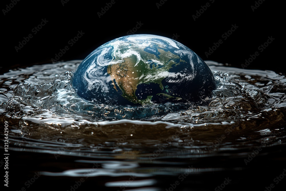 Earth depicted as a water droplet emerging from a dark background Stock ...