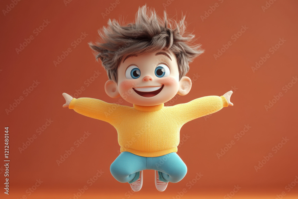 Happy boy on a monotone background of pastel colors jumps levitates ...