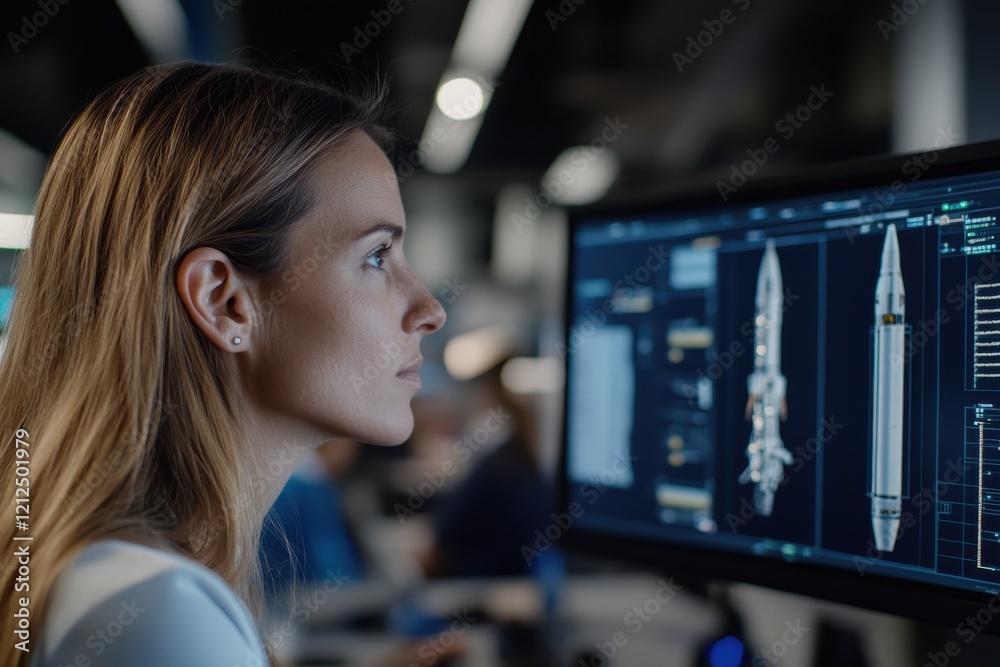 An aerospace professional engages with intricate rocket designs on a ...
