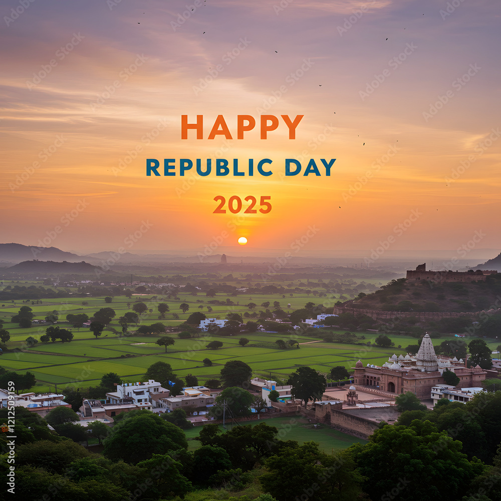 Serene Republic Day 2025 poster with a sunrise and a historic monument ...