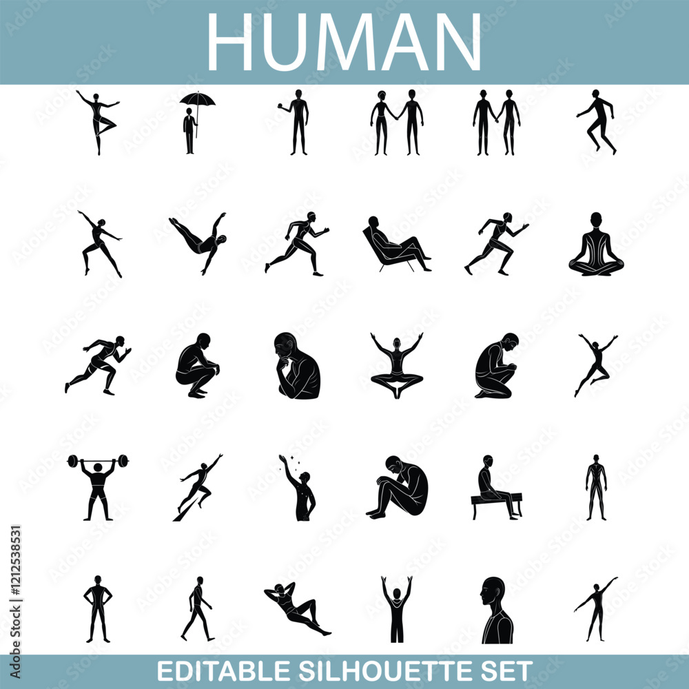 Editable Human Silhouette Set Activities, Poses, and Actions Stock ...