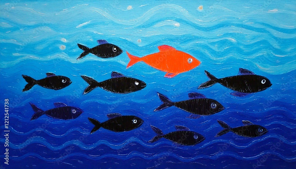 fish swimming in sea oil painting simple illustration drawing isolated ...