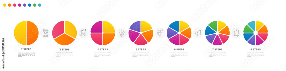 Circle division vector infographics icon set from 2 to 8. Different ...