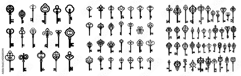 Key and keyhole outlines. Classic old keyholes and antique keys in ...