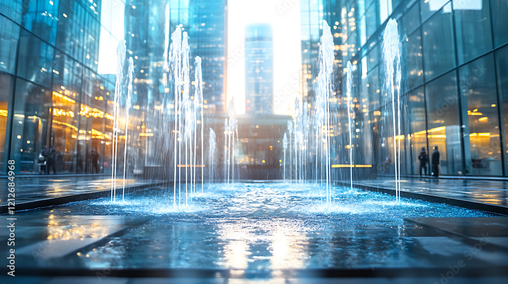 contemporary urban fountain with dynamic water features in the middle ...