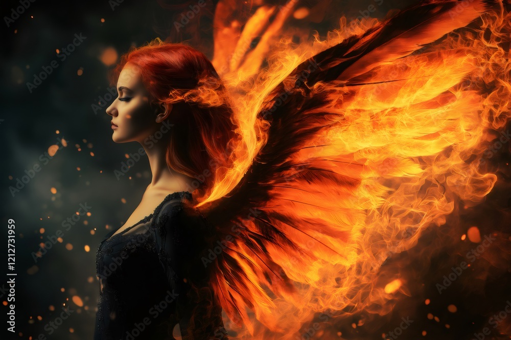 Mythical phoenix woman rising from ashes with fire wings in dark ...