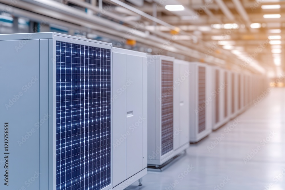 Solar energy storage using battery packs. Data center with rows of ...