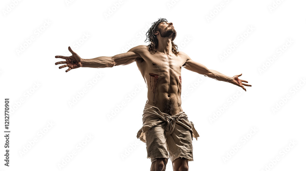 Jesus Christ crucified, body with stigmata, open arms, without cross, isolated on transparent ...