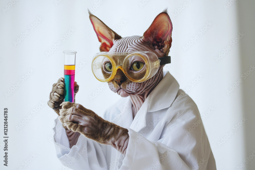 Sphynx cat in a lab coat and safety goggles conducting a colorful ...