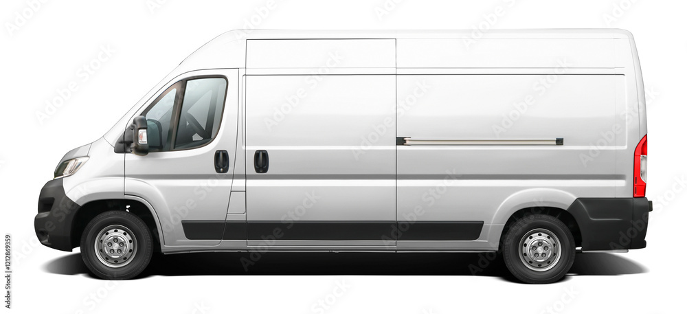 Side view of a modern white long-wheelbase cargo minibus. Isolated on a ...