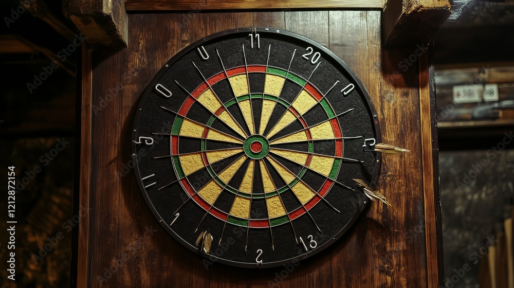 Bullseye target goal or dartboard has dart arrows in center and outer ...