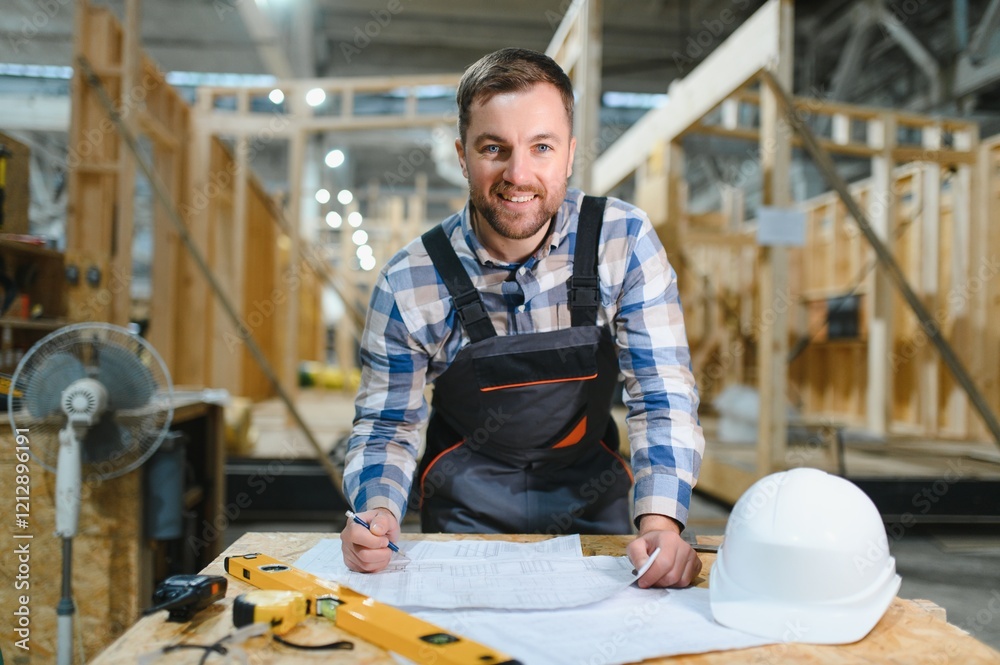 Modern modular houses. Architect wooden buildings. Man stands under ...