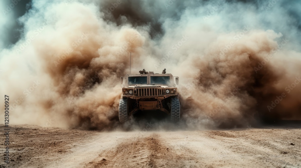 A powerful military vehicle emerges from a cloud of dust, showcasing ...