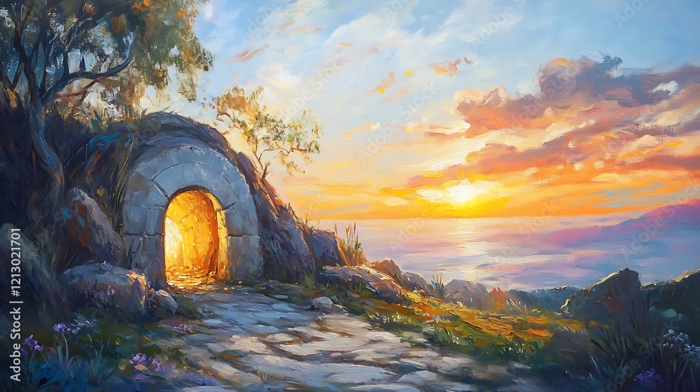 Sunrise resurrection scene of Jesus Christ in oil painting showing an ...