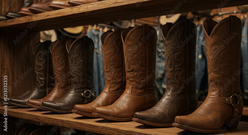 Variety of cowboy boots displayed on wooden shelves in a western shop ...