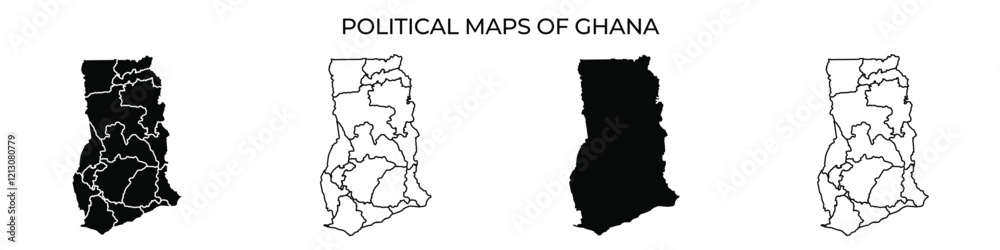 Four distinct styles of political maps showcasing regions in Ghana ...