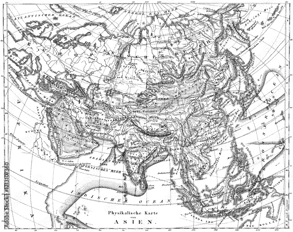 Relief geographocal map. Asian Map engraving. Old topographic square ...