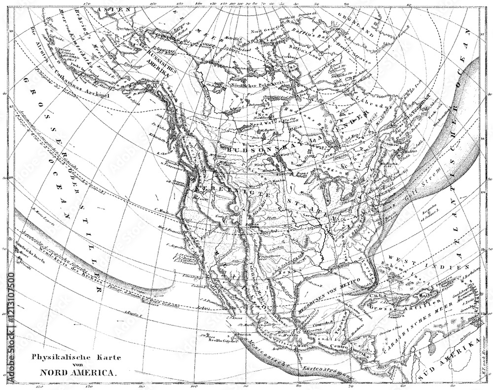 Relief geographocal map. North American Map engraving. Old topographic ...