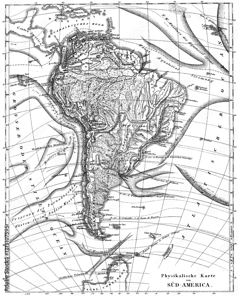 Relief geographocal map. Latin America Map engraving. Old topographic ...