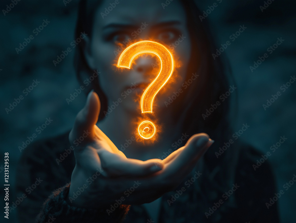 Woman Pondering: Glowing Question Mark, Uncertainty, Decision, Choice ...
