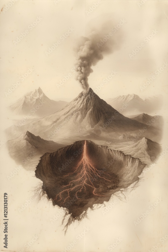 Vintage volcano eruption drawing with cross-section showing underground ...