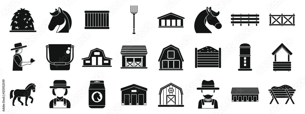 Farm stable icons set. Horse and farm icons depicting various aspects ...