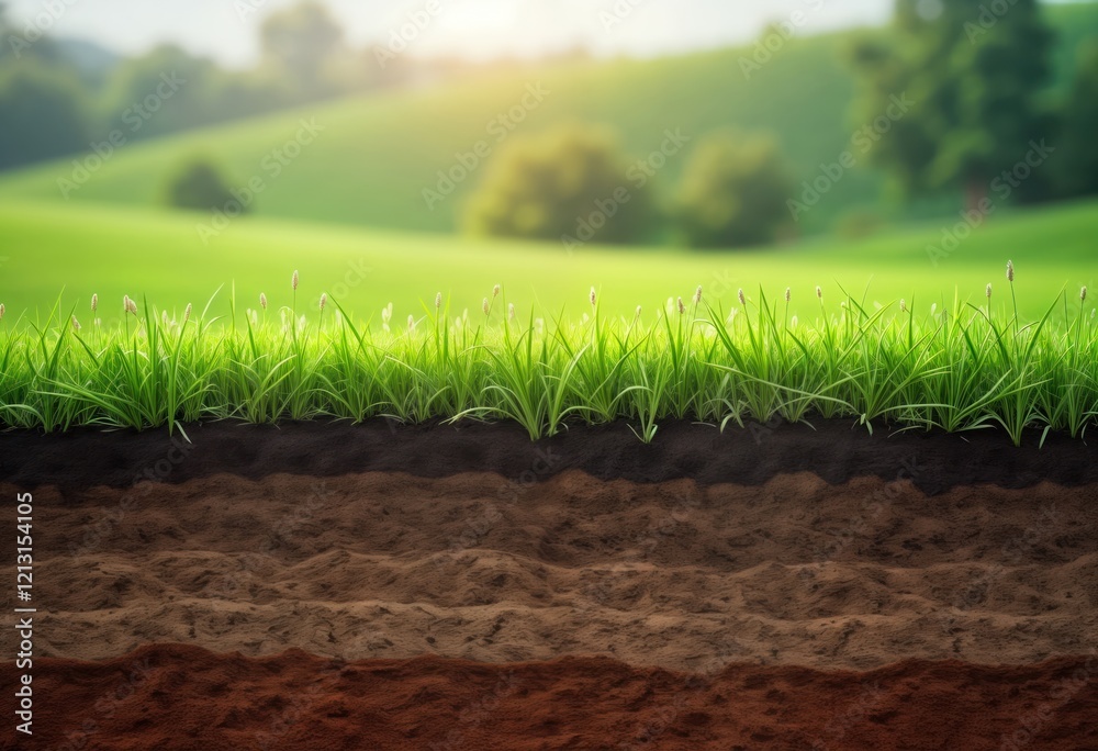 Green grass grows from fertile soil layers. Healthy earth provides ...