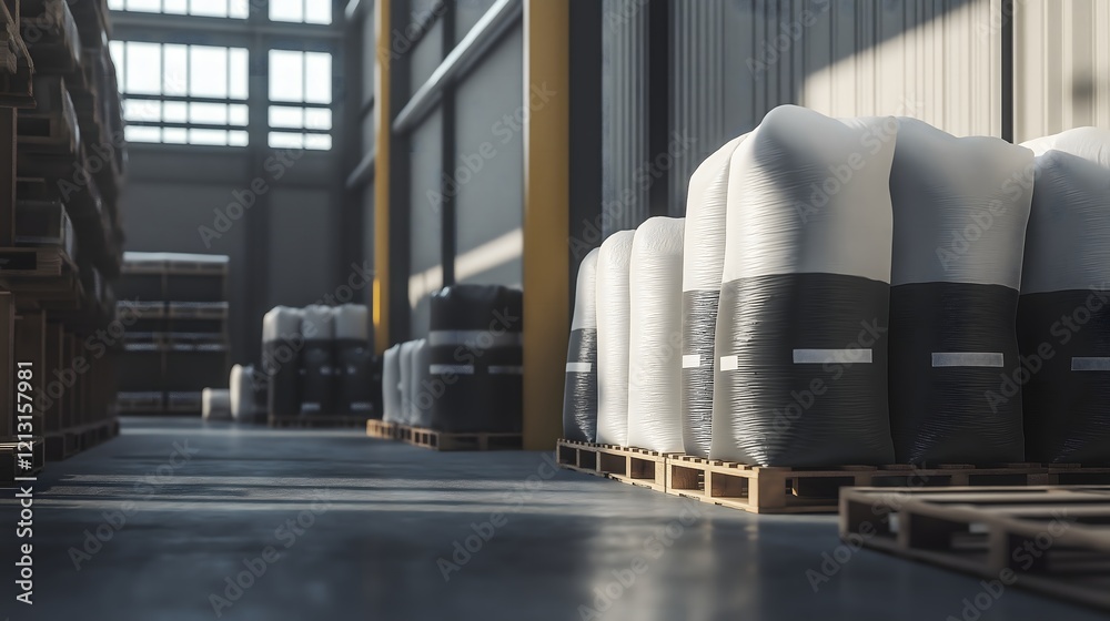 Industrial warehouse filled with black and white bags on pallets during ...