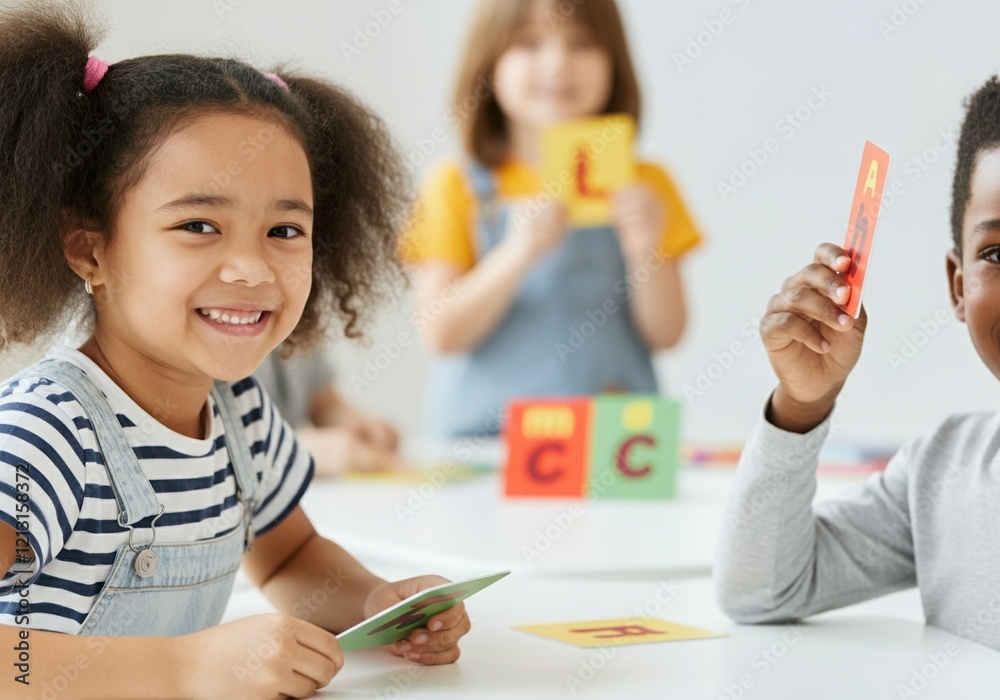 Diverse group of preschool children enjoying learning the alphabet with ...