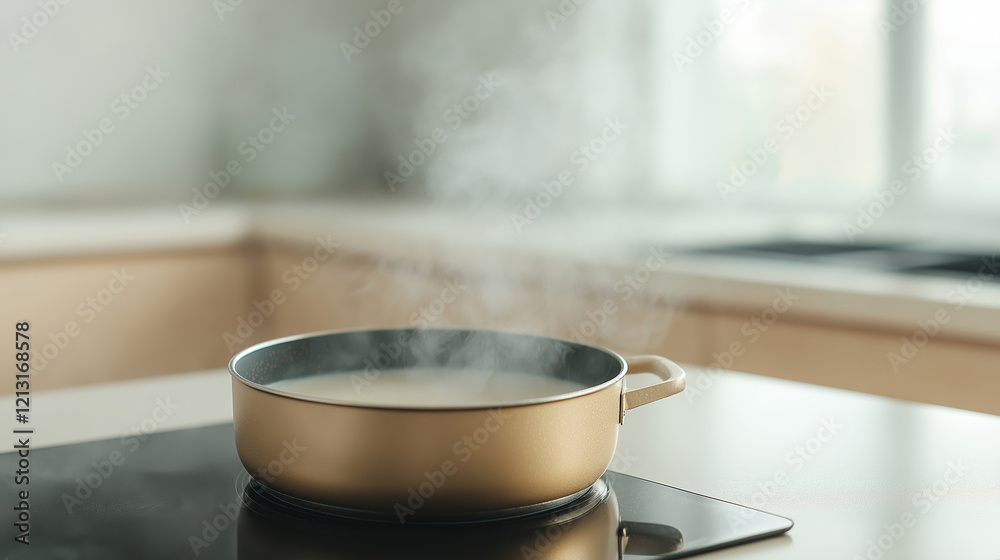Milk boiling over from a pot on an induction stovetop, creating a mess ...