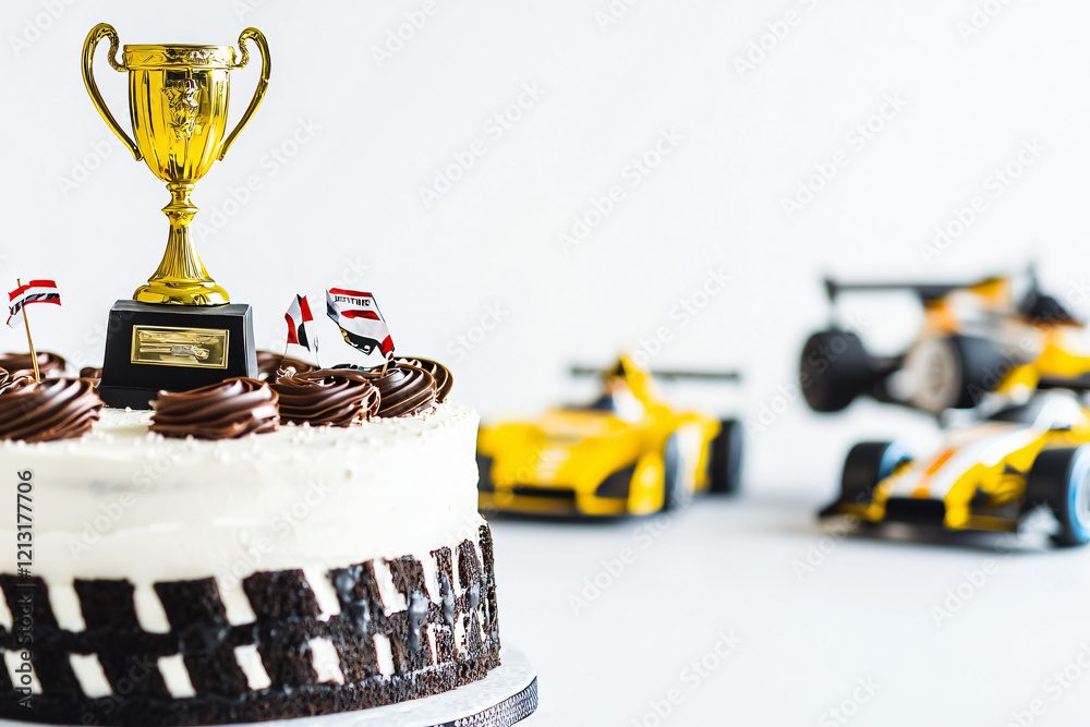 formula one racing cake with edible tire marks, trophy topper ...