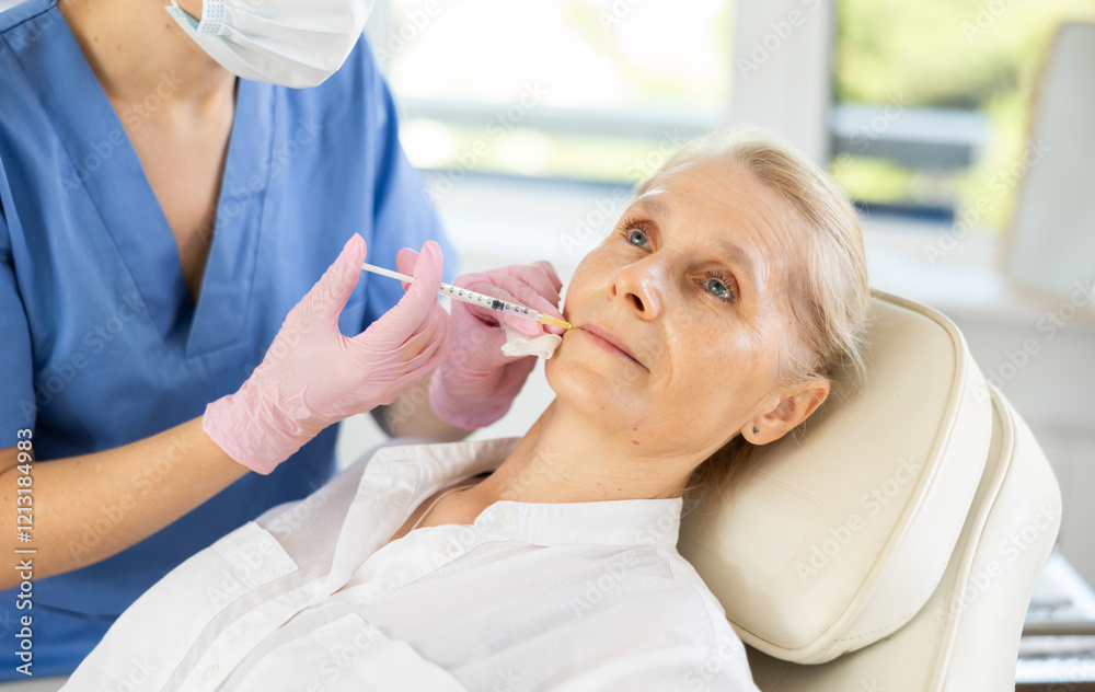 Professional female cosmetologist doing face contouring injections to ...