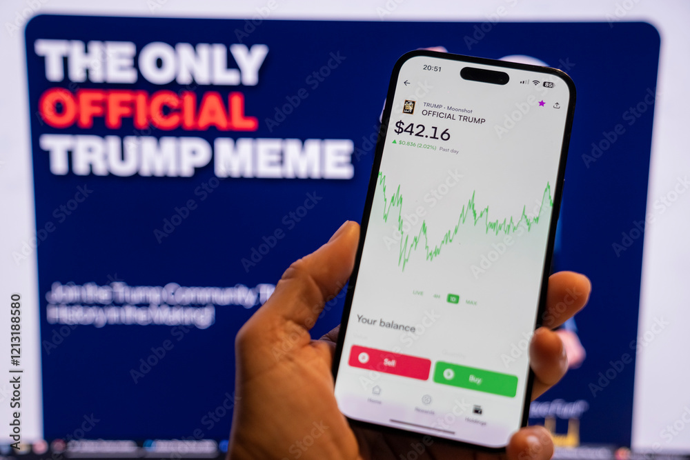 Man holding a phone displaying the official Trump meme logo in the ...
