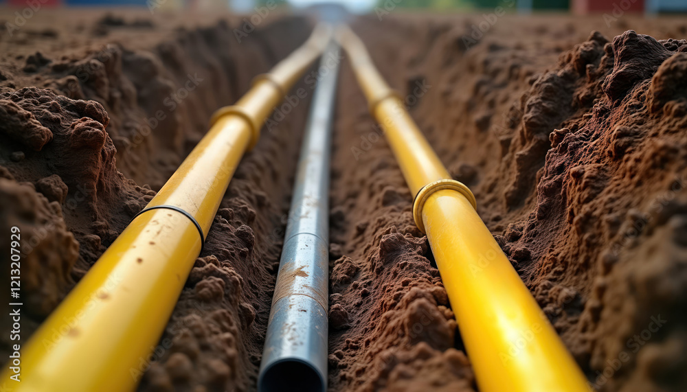 Underground pipes run in trench. Yellow, gray pipes laid in ground ...