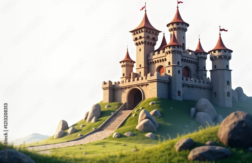 Fantasy castle sits on hilltop. Stone construction with pointy roofs ...