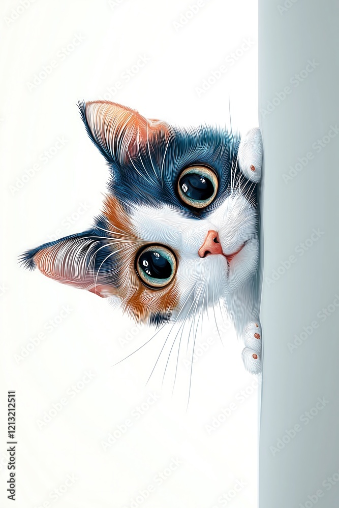 Cute calico blue cat peeking out from behind the wall with big eyes ...