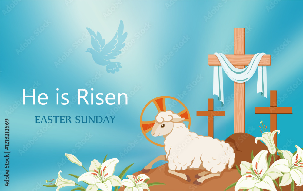 He is risen. Easter Sunday. Religious christian symbol lamb of god. Lamb is symbol of Christ's ...