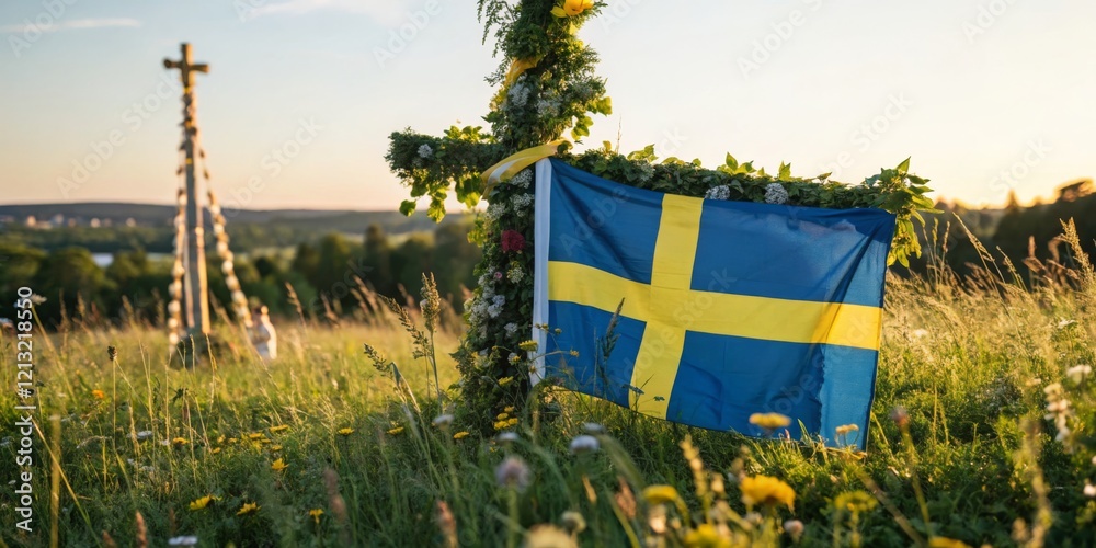 Celebration of Midsummer with a decorated cross and Swedish flag in a ...