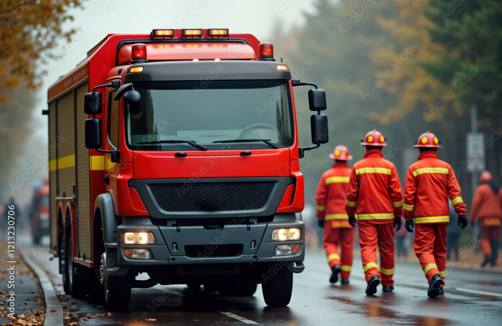 Firefighters walk in formation behind red firetruck. Emergency response ...