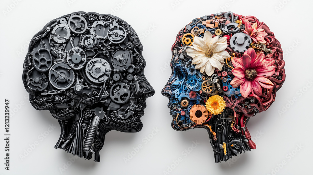 illustration: silhouettes of two minds facing each other: left brain ...